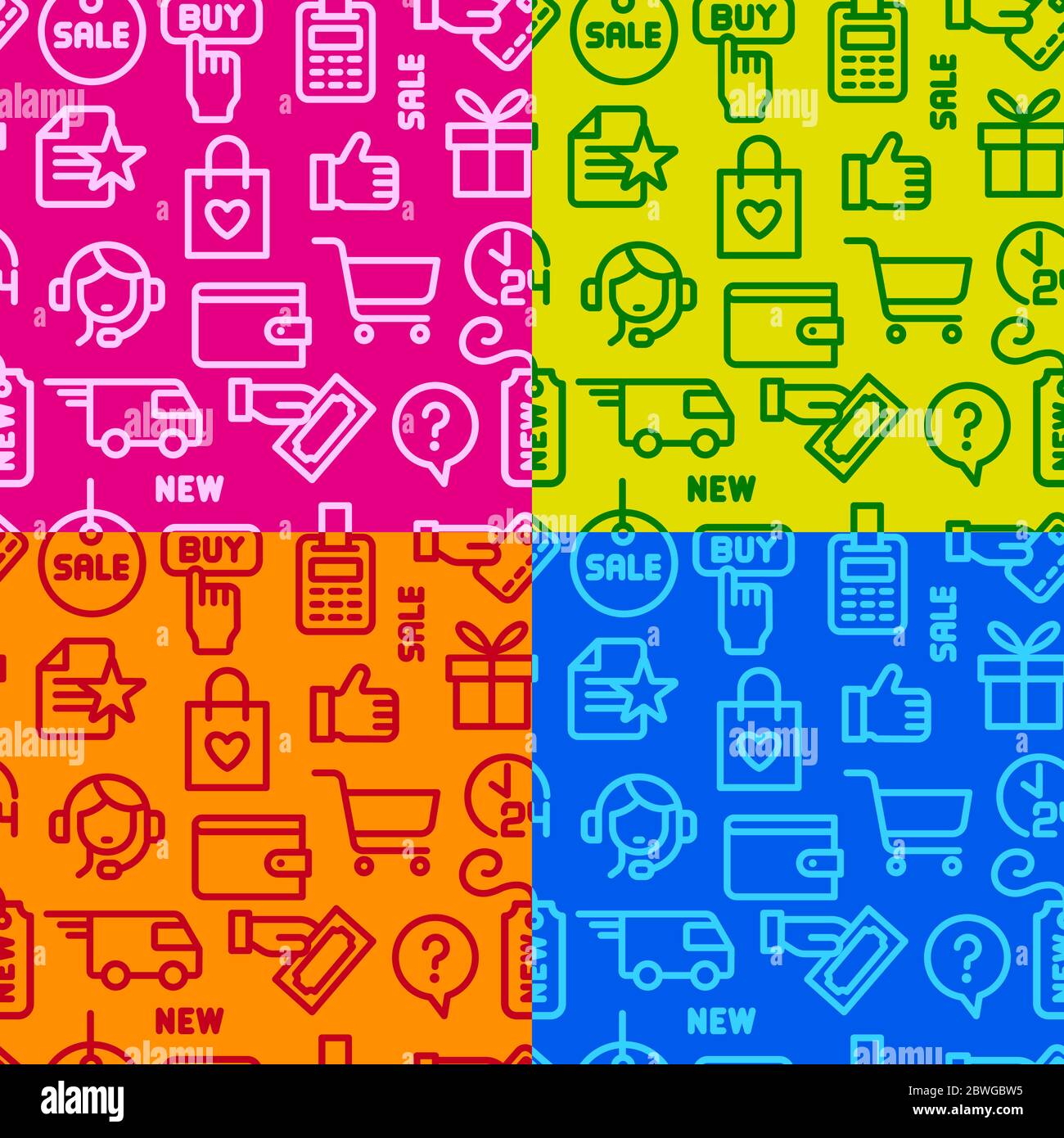 illustration of set e-commerce shop and business colorful seamless ...