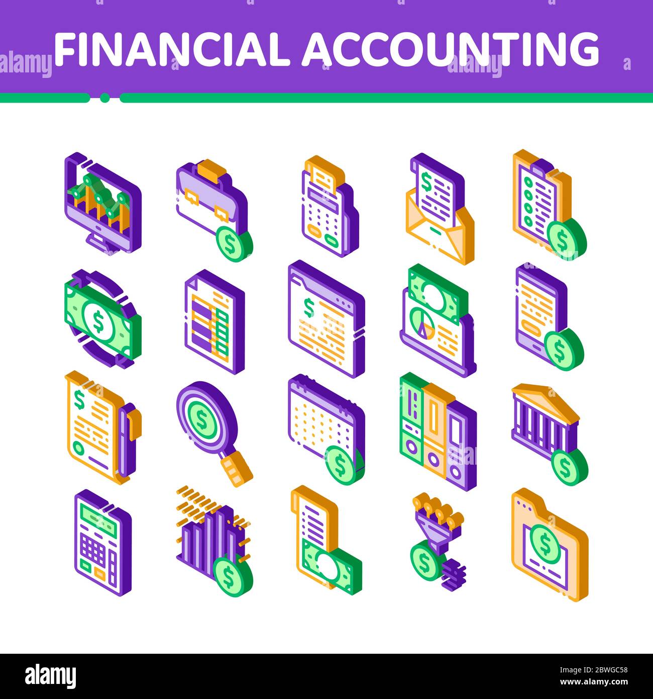 Financial Accounting Isometric Vector Icons Set Stock Vector Image ...