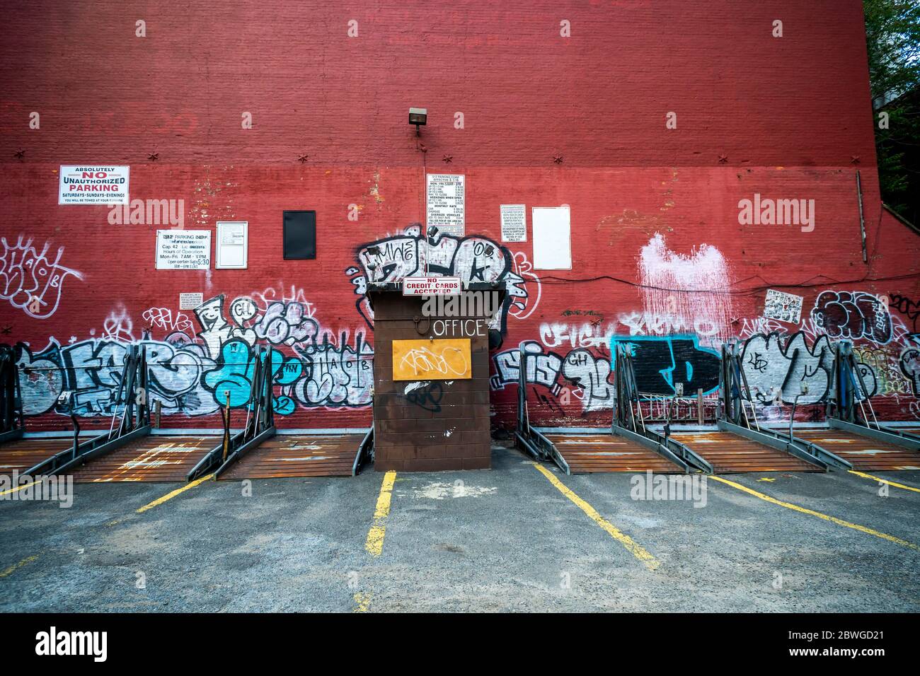 Closed parking lot in Tribeca in New York on Sunday, May 24, 2020 ...