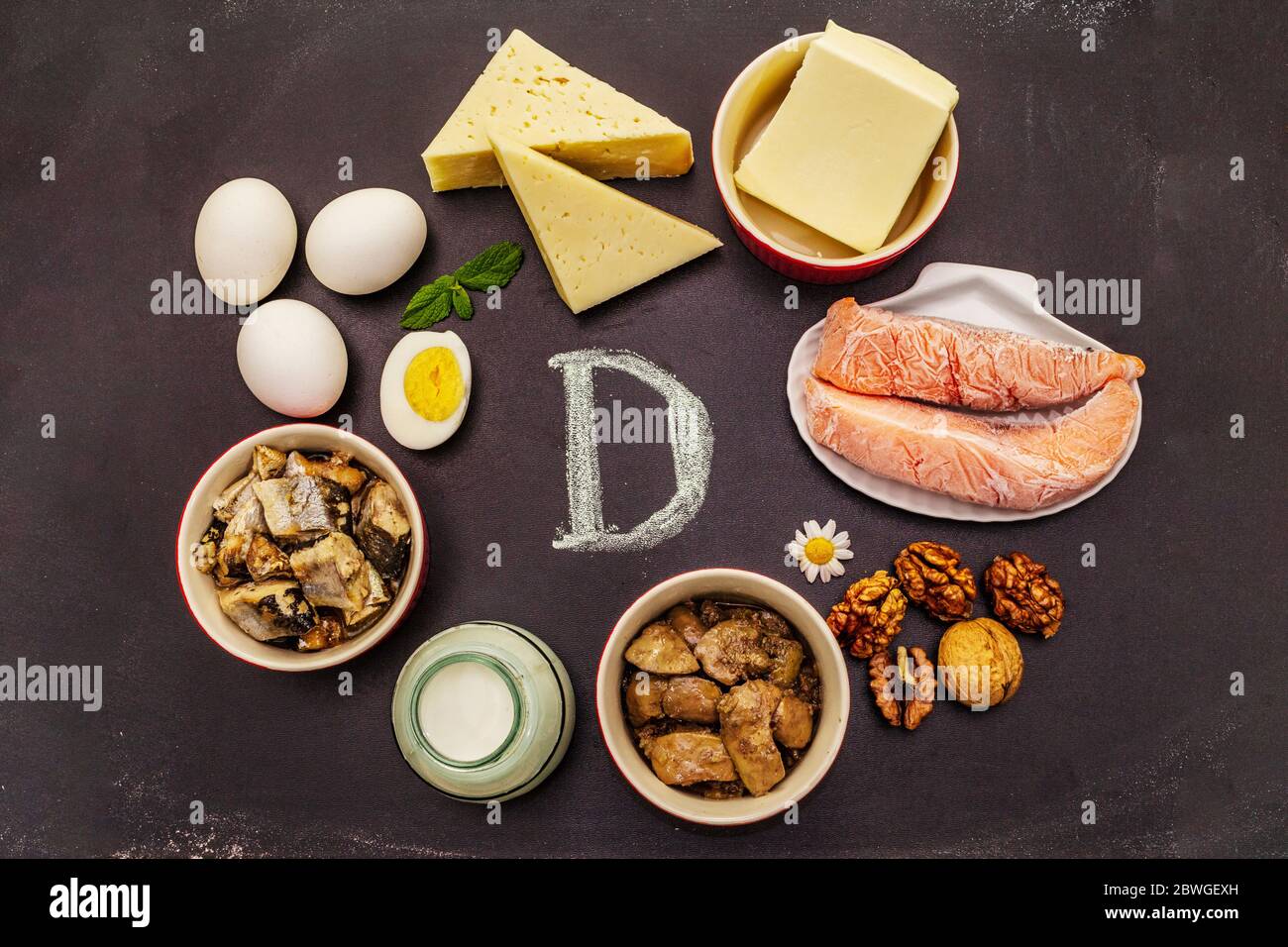 Foods containing vitamin D. Cheese, eggs, butter, nuts, milk, sardine ...