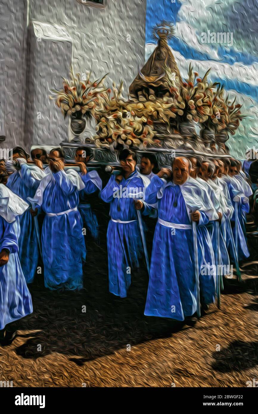 Religious procession with devotees carrying the statue of Our Lady in a ...