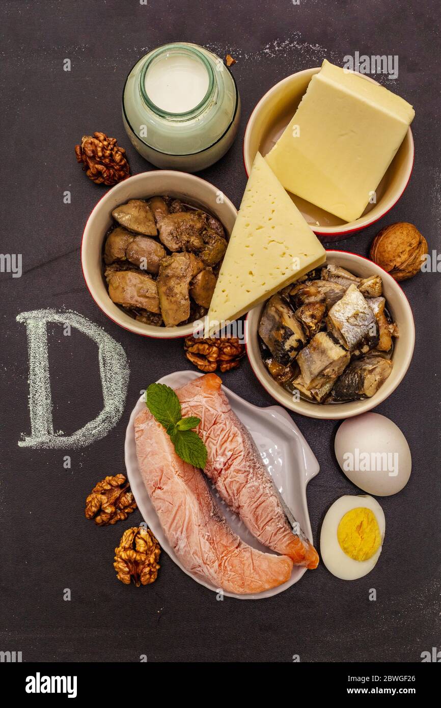 Foods containing vitamin D. Cheese, eggs, butter, nuts, milk, sardine ...