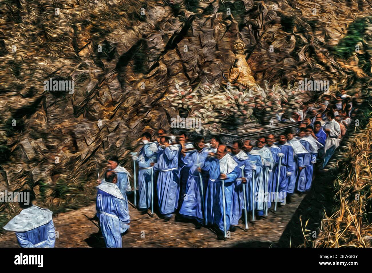 Religious procession with devotees carrying the statue of Our Lady in a ...