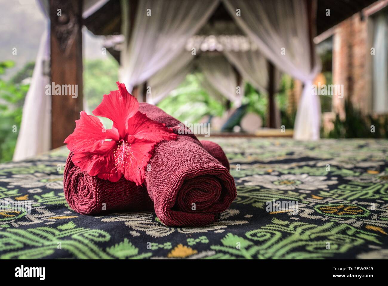 Canopies for massage with towels in resort on Bali island closeup Stock ...