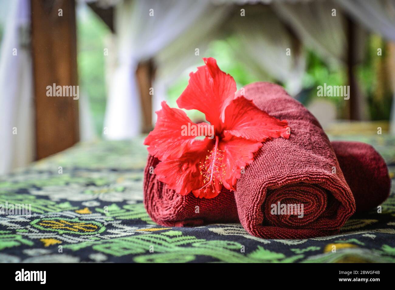 Canopies for massage with towels in resort on Bali island closeup Stock ...