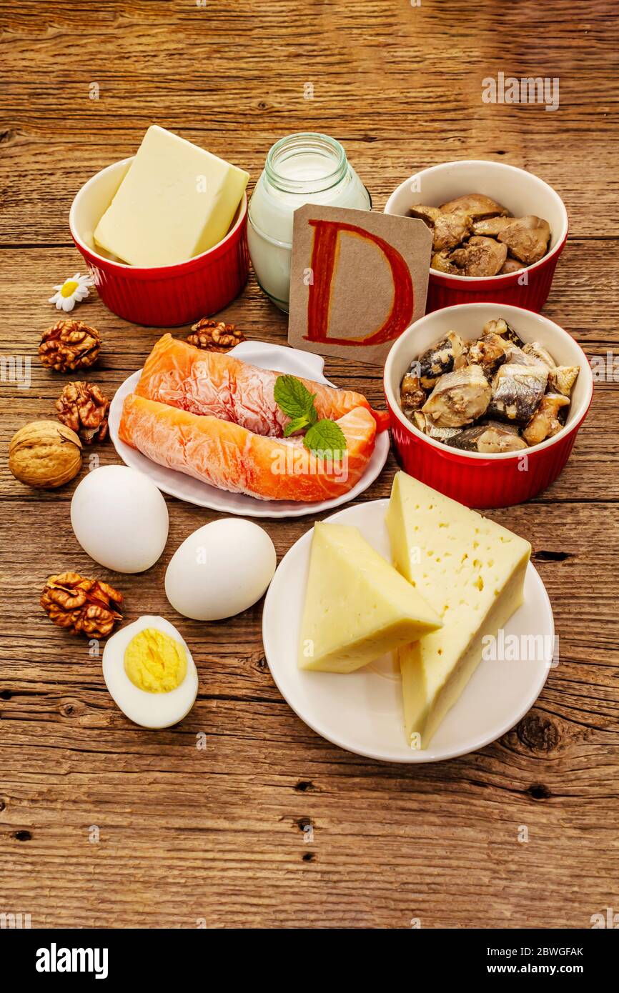 Foods containing vitamin D. Cheese, eggs, butter, nuts, milk, sardine ...