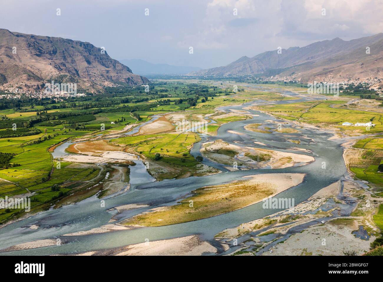 Swat river view from hilltop of ancient Bazira, Bazira ruins, Barikot ...