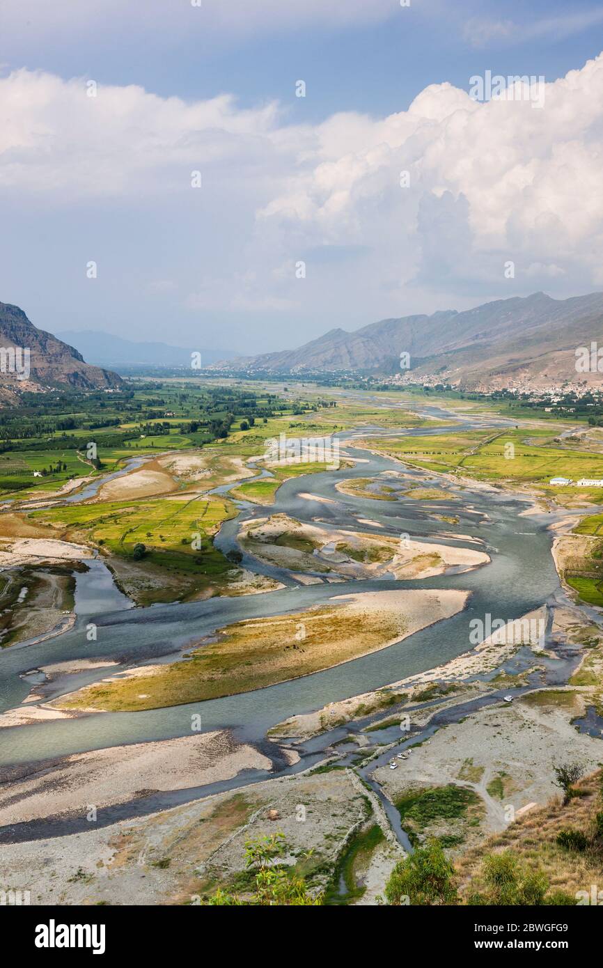 Swat river view from hilltop of ancient Bazira, Bazira ruins, Barikot ...