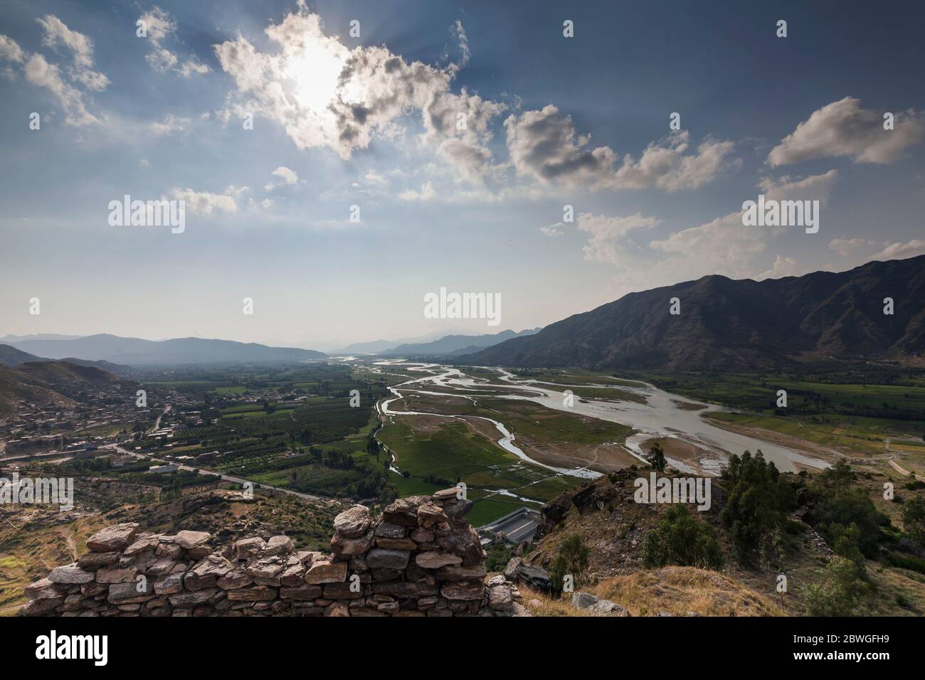 Swat river view from hilltop of ancient Bazira, Bazira ruins, Barikot ...