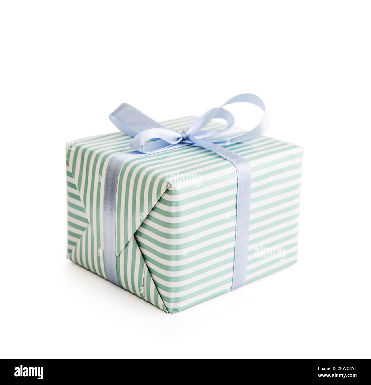 Striped gift box with blue ribbon isolated on white background with ...