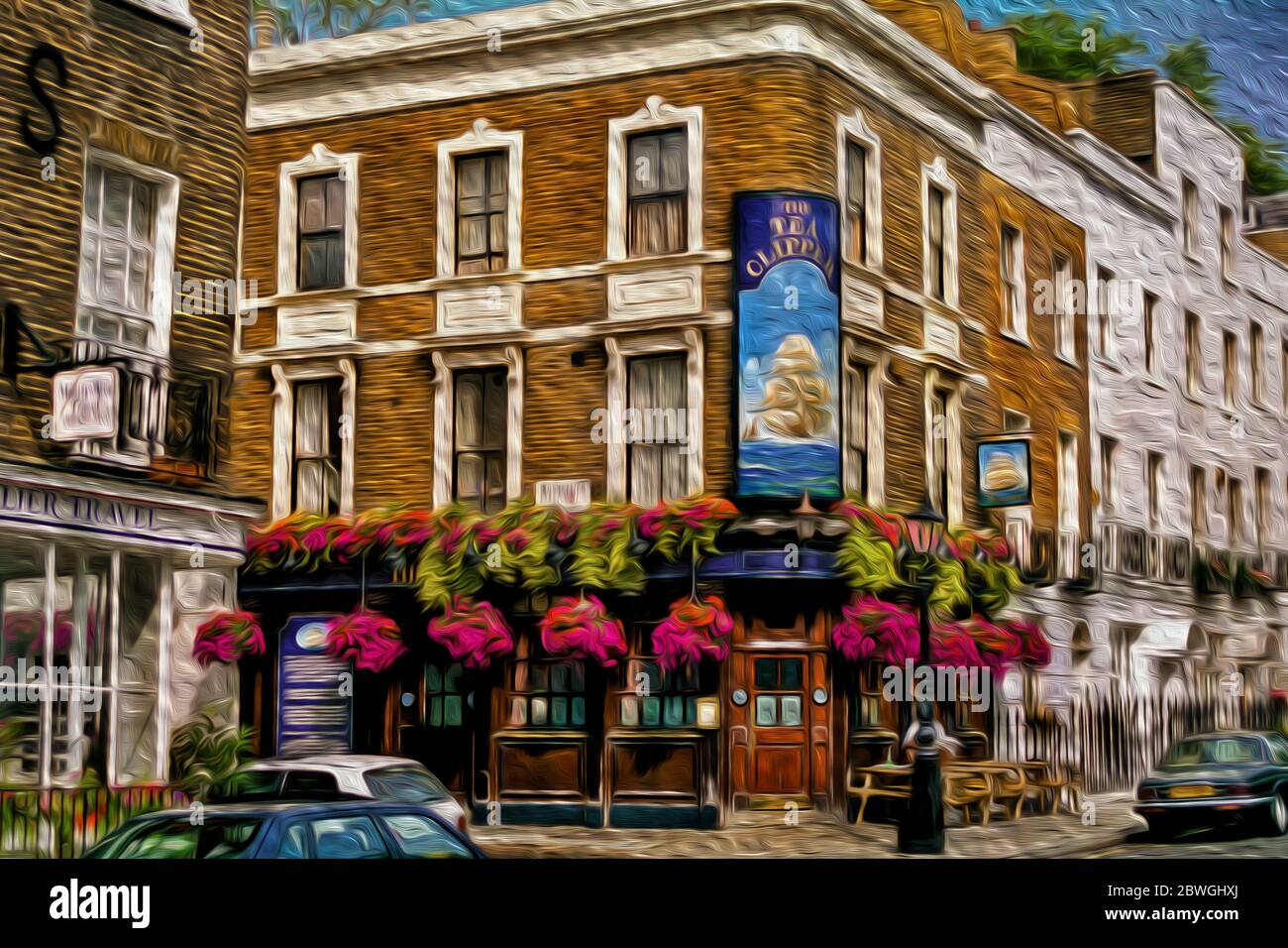 Traditional Pub facade with creative sign on a street corner of London ...