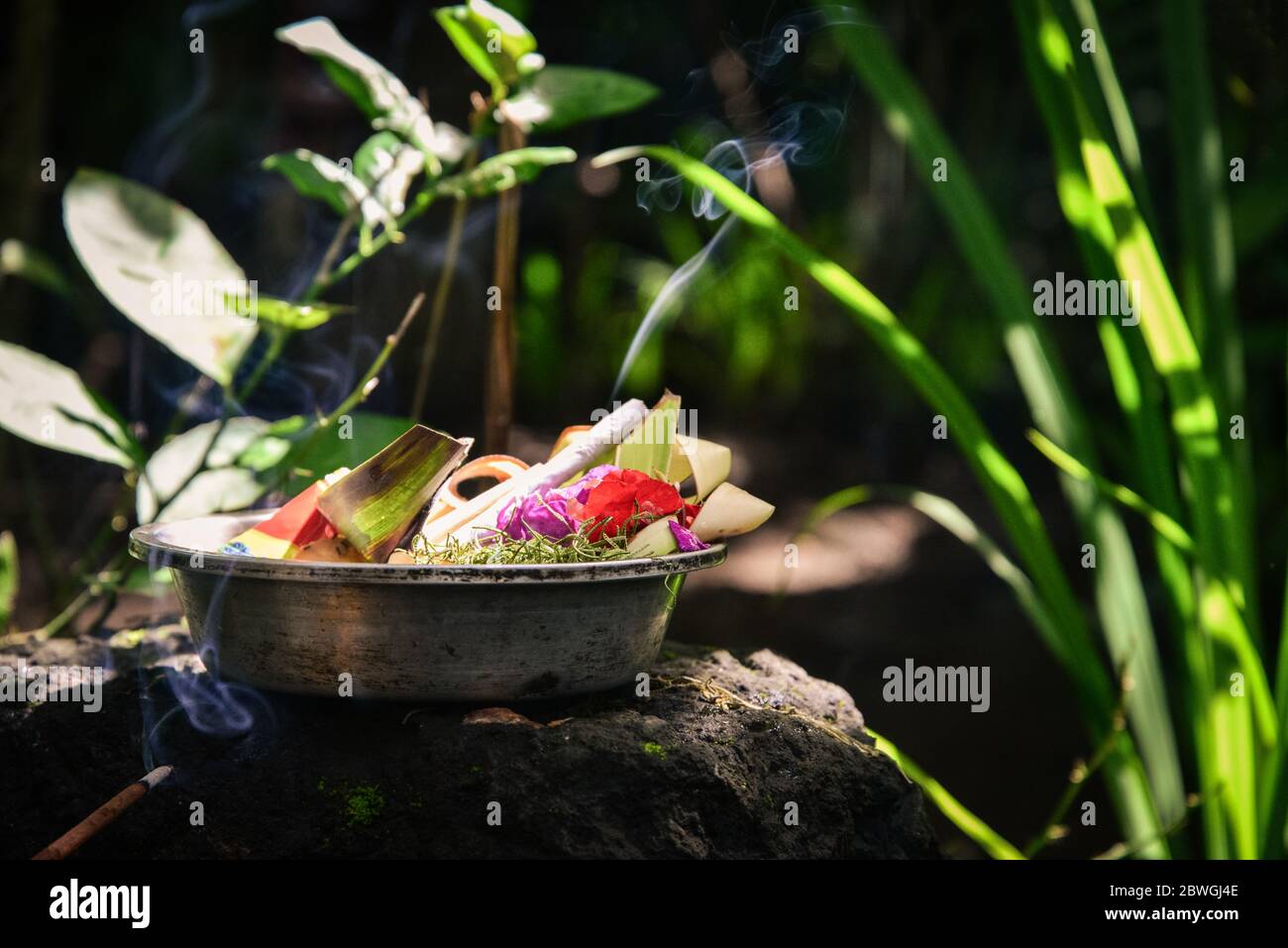 Traditional balinese offerings to gods in Bali with flowers and ...