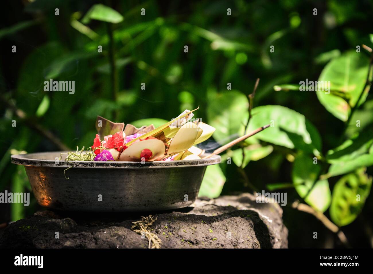 Traditional balinese offerings to gods in Bali with flowers and ...