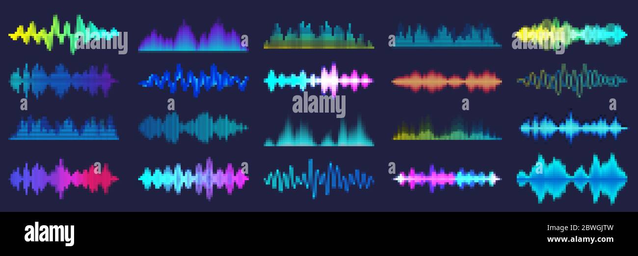 Colored sound waves collection. Analog and digital audio signal. Music ...