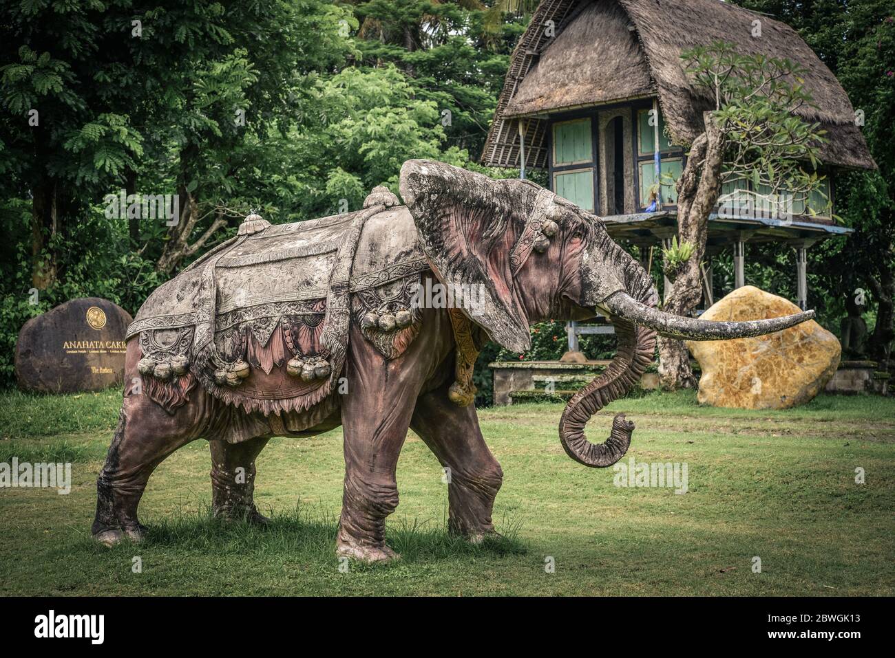 BALI, INDONESIA - JANUARY 12, 2018: Stone elephant statue on territory ...