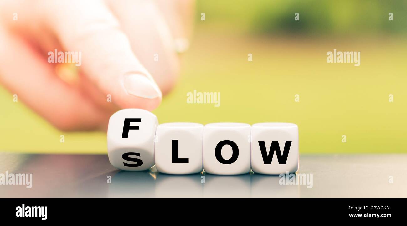 Be slow or in the flow? Hand turns dice and changes the word "slow" to ...