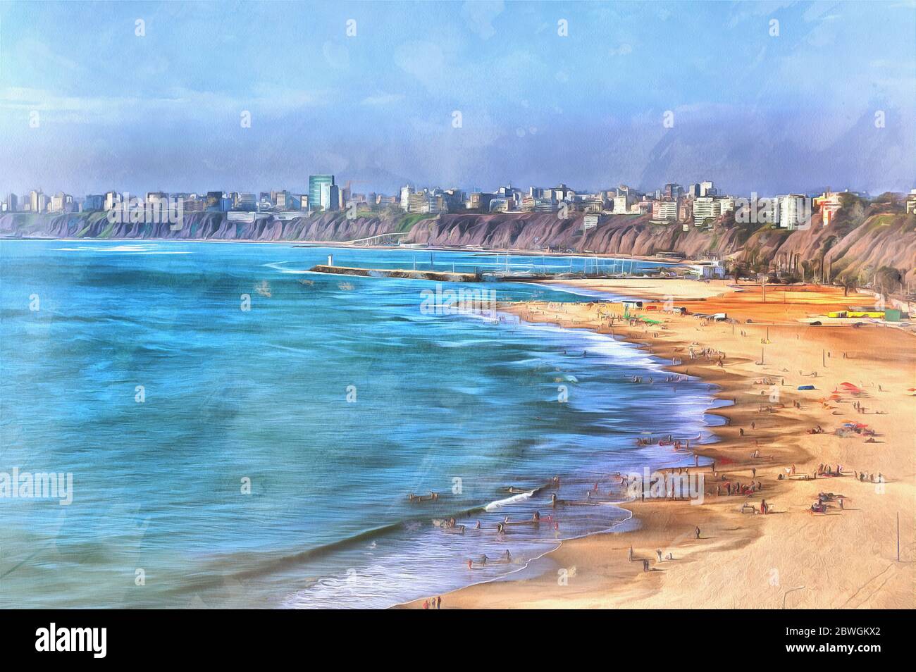 Lima cityscape from Сhorrillos colorful painting, Pacific Ocean beach ...