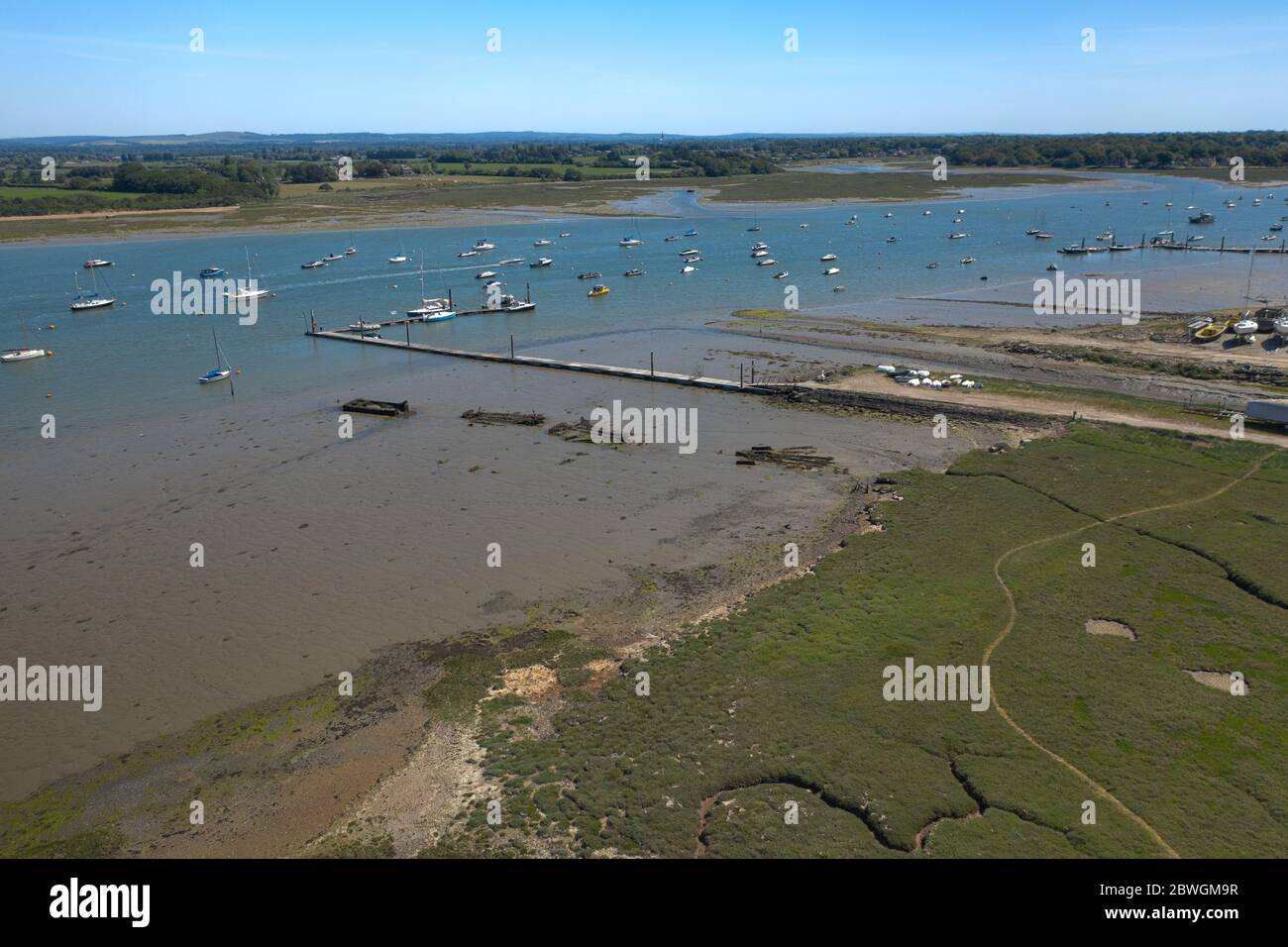 Aerial photo looking towards the estuary at Itchenor with boats and ...
