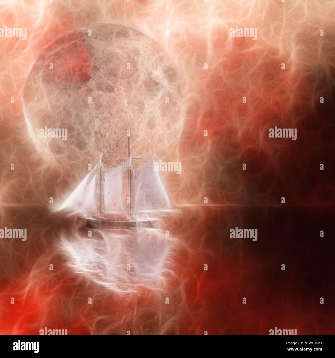 Moonlight Cruise. Glowing sailboat and giant moon Stock Photo - Alamy