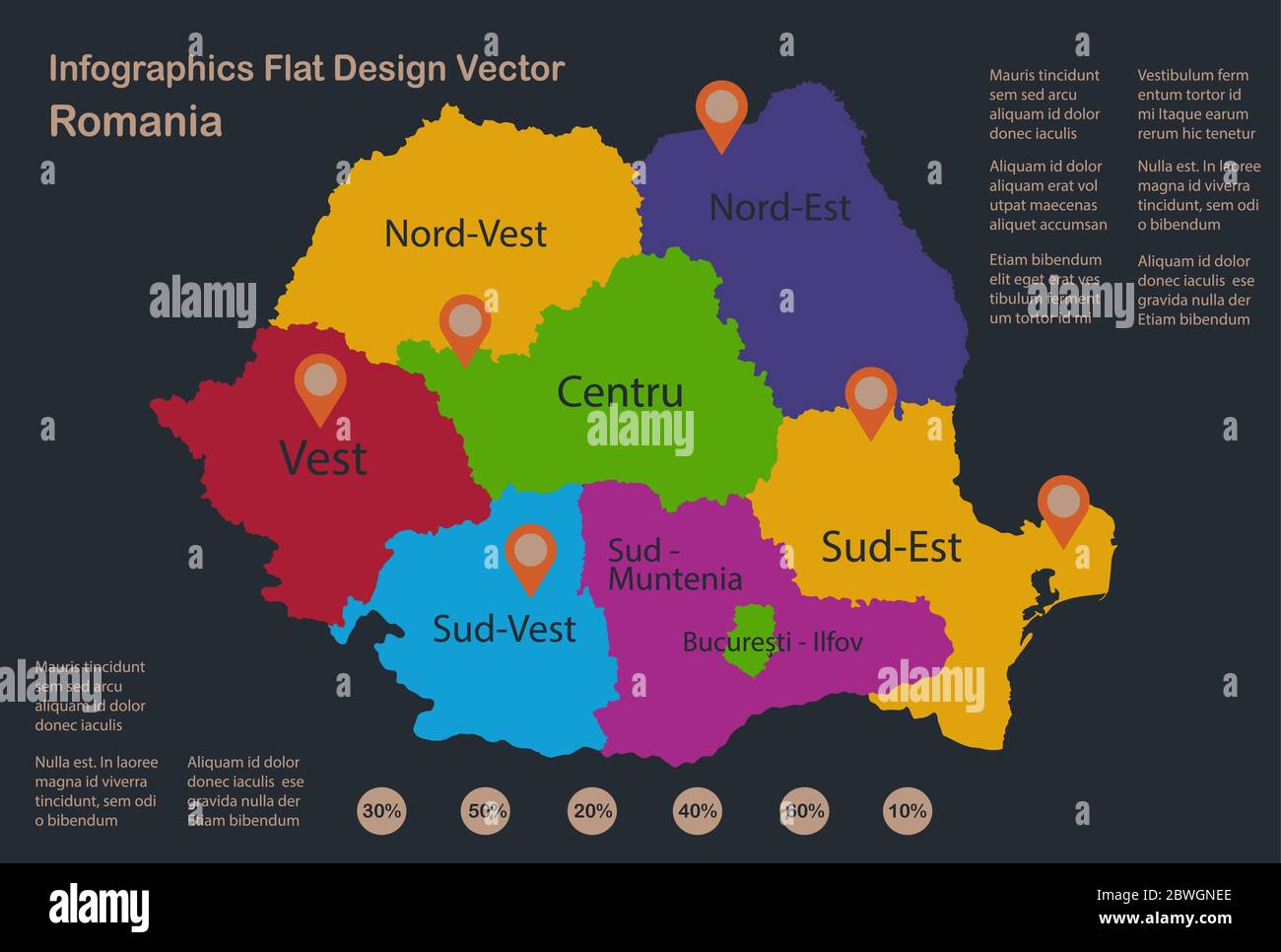 Infographics Romania map, flat design colors, names of individual ...