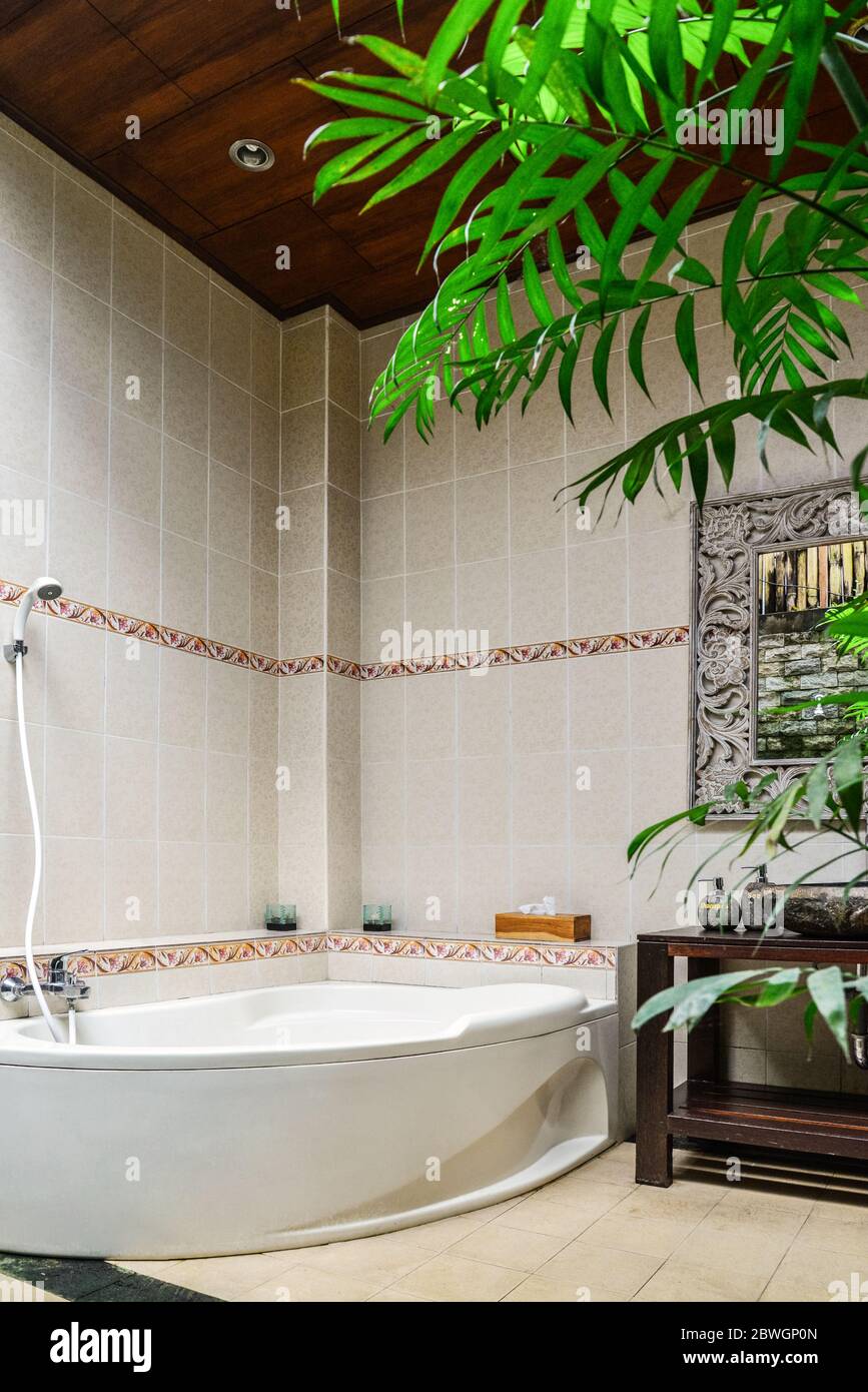 Bathroom with washbasin, mirror and bath in traditional balinese style ...