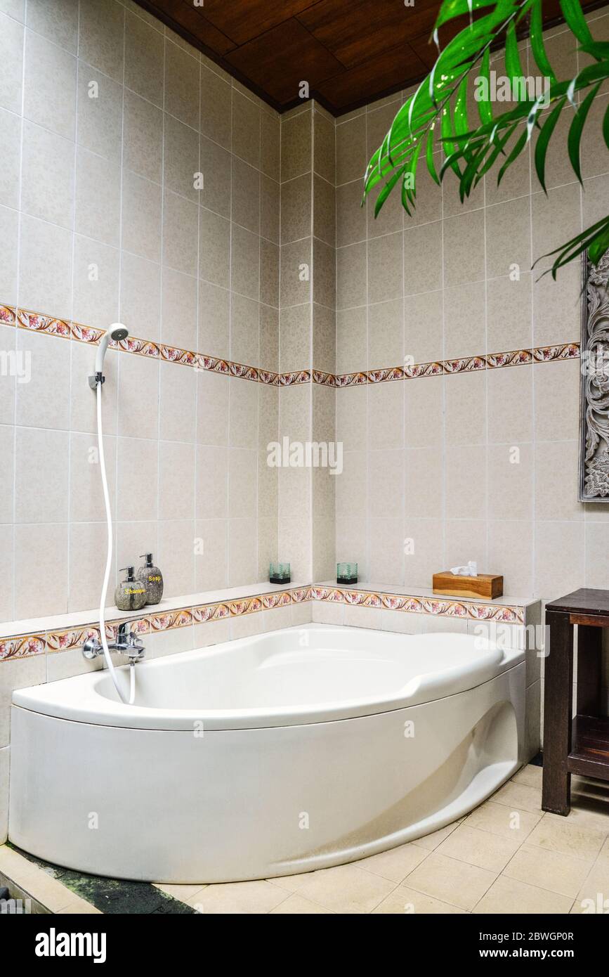 Bathroom with washbasin, mirror and bath in traditional balinese style ...