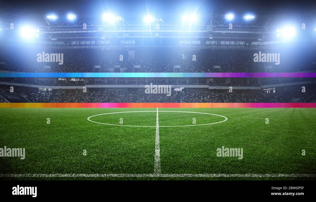 Football stadium, shiny lights, view from field. Soccer concept Stock ...