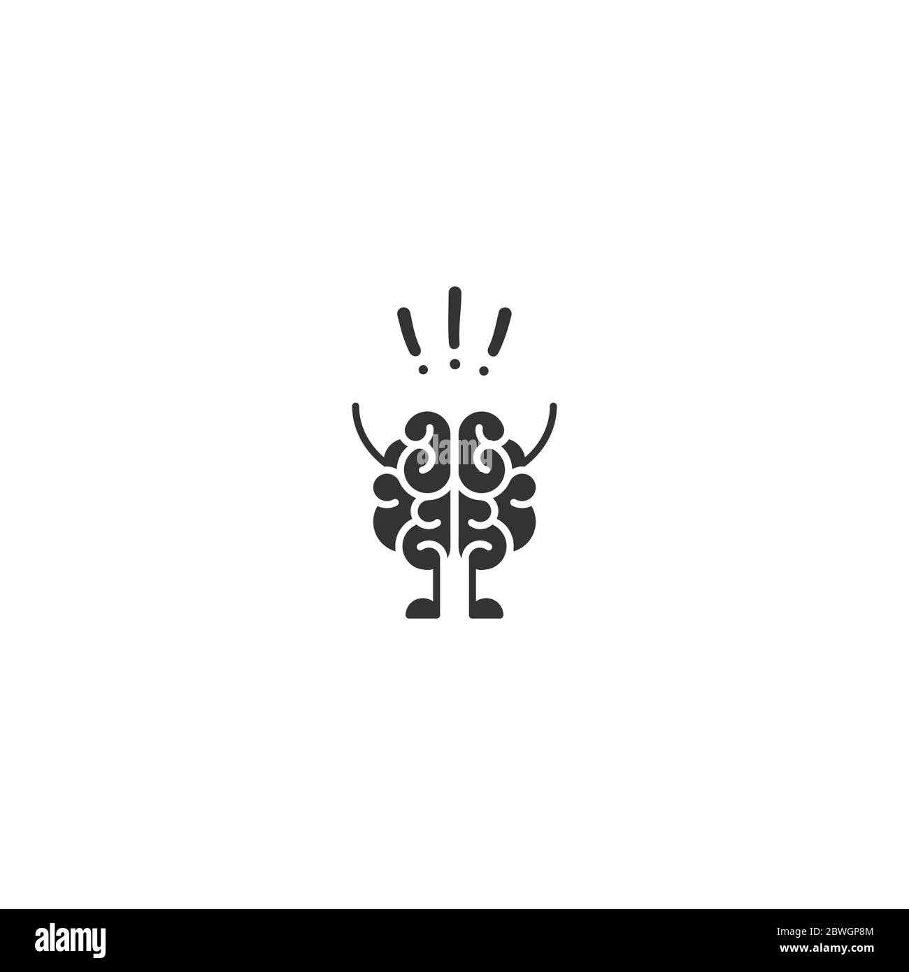 Black brain character with hands, legs and exclamation marks. Intellect ...
