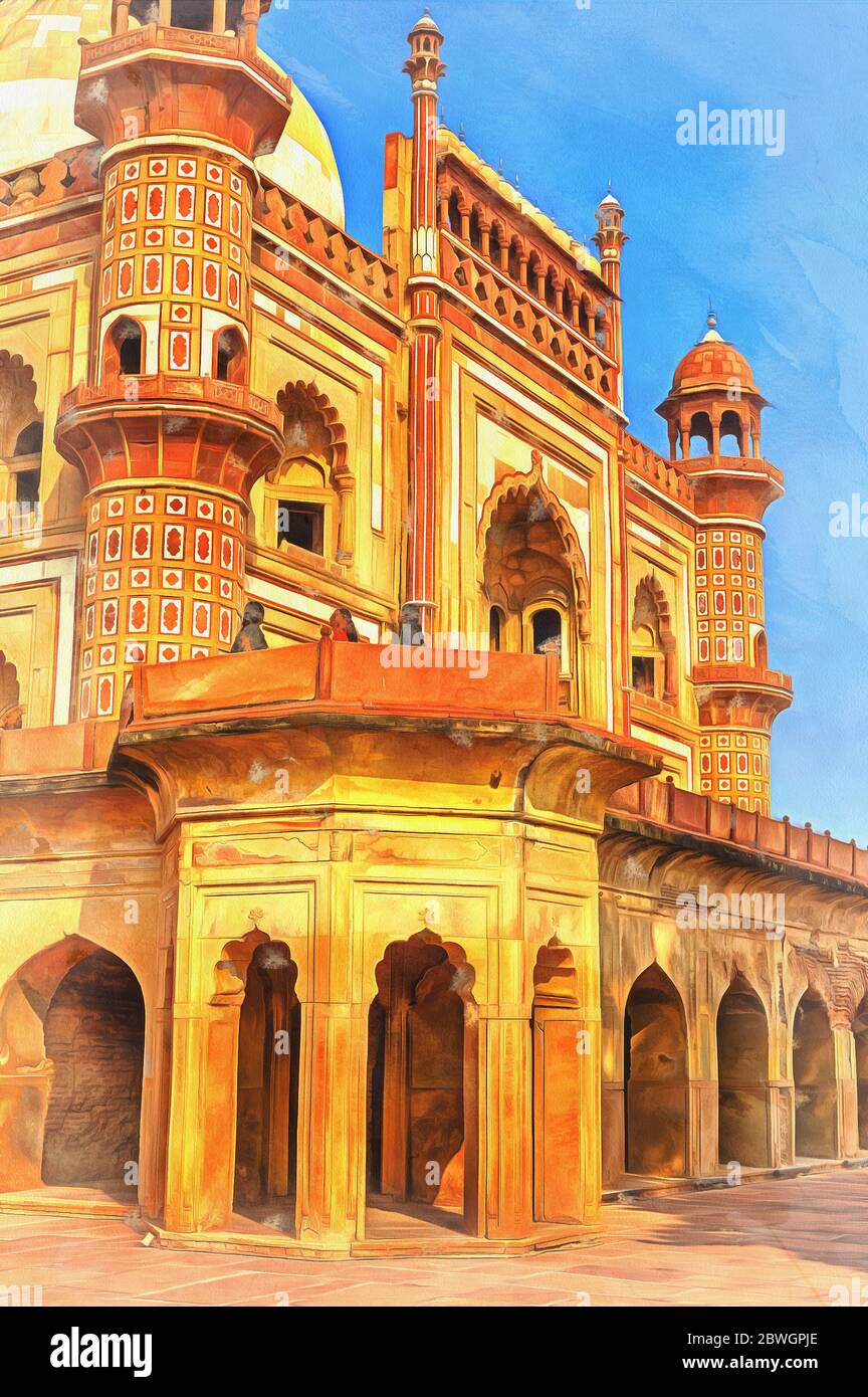 Tomb of Safdar Jang colorful painting, 1754, Delhi, India Stock Photo ...