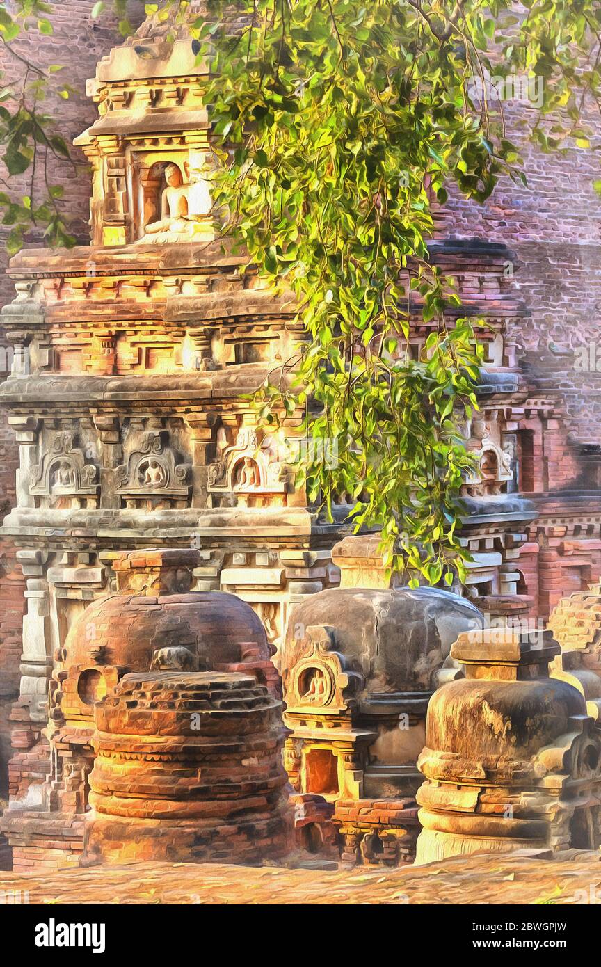 Stupa of Sariputta colorful painting, Buddhist temple ruins, Nalanda ...