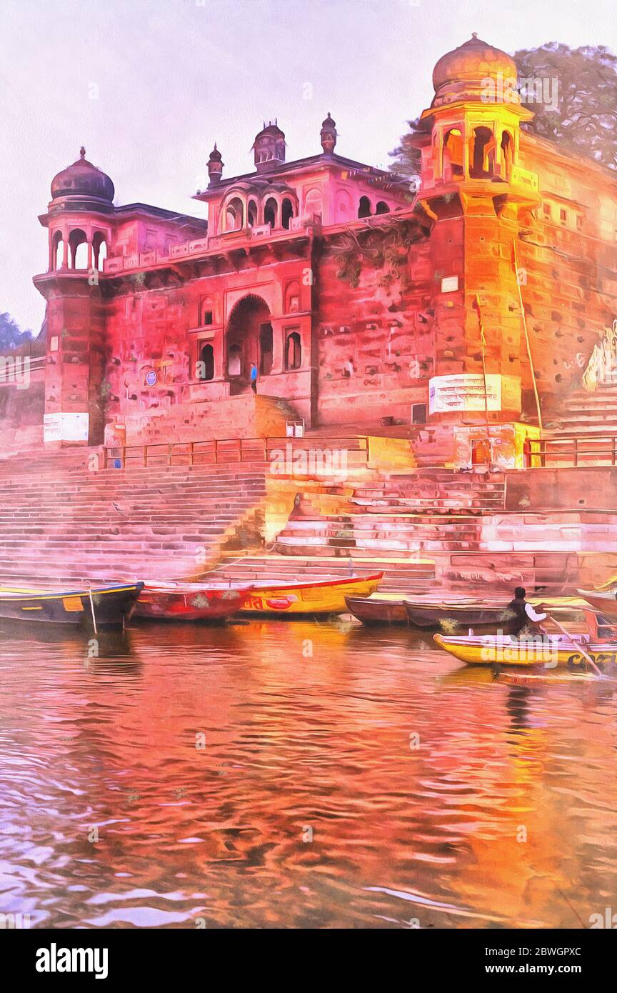 Chet Singh fort Cityscape from Ganges colorful painting, Varanasi ...