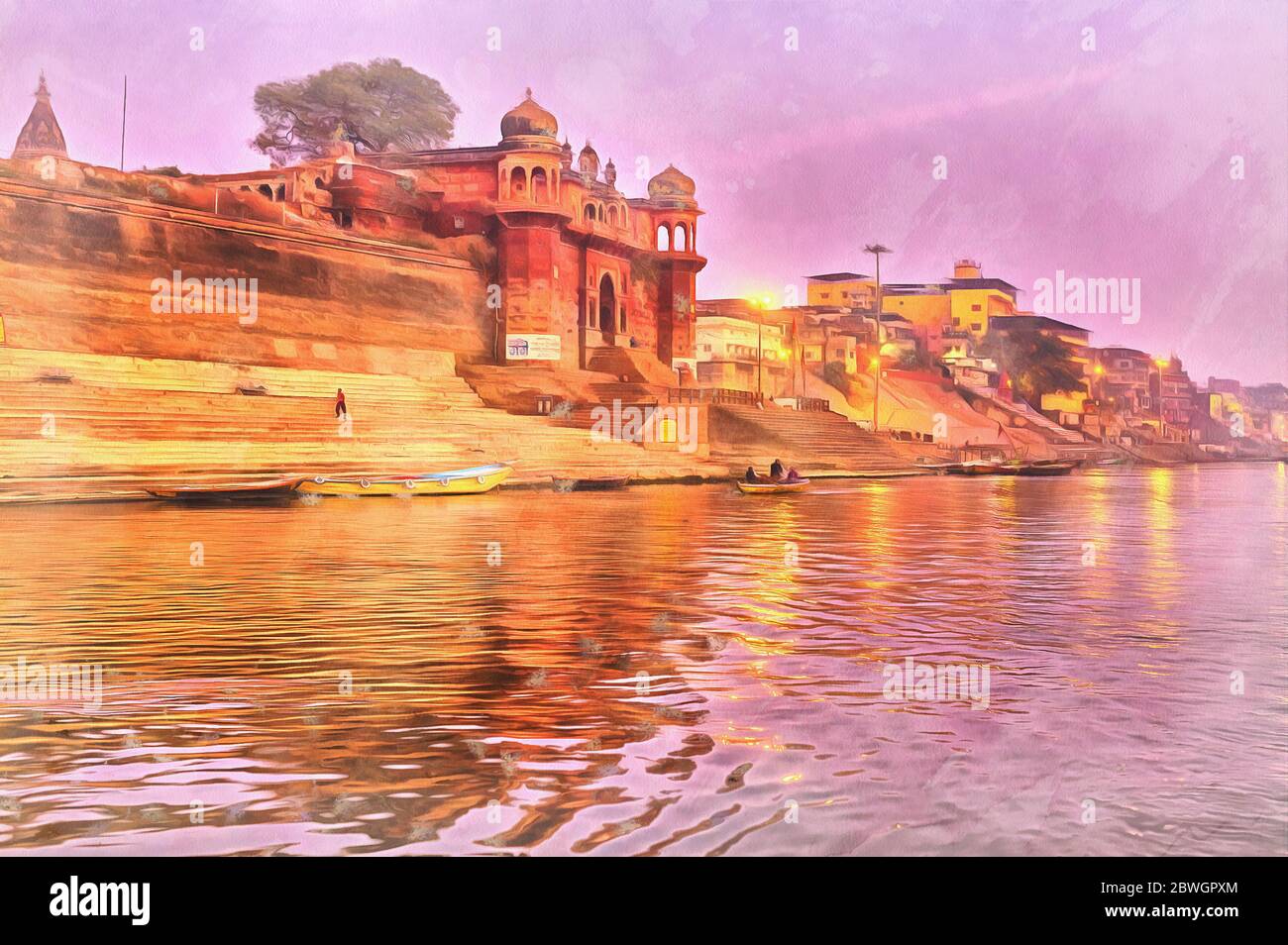 Chet Singh fort Cityscape from Ganges colorful painting, Varanasi ...