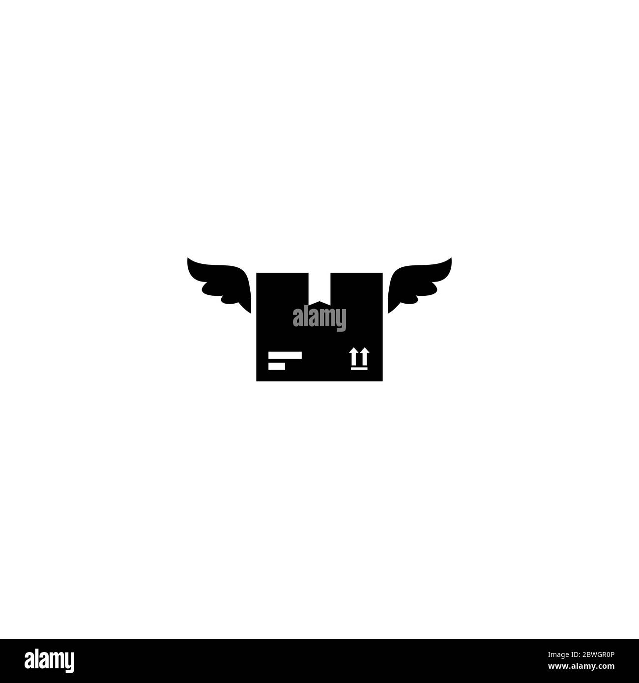 Black parcel with wings icon isolated on white. Fast delivery concept ...