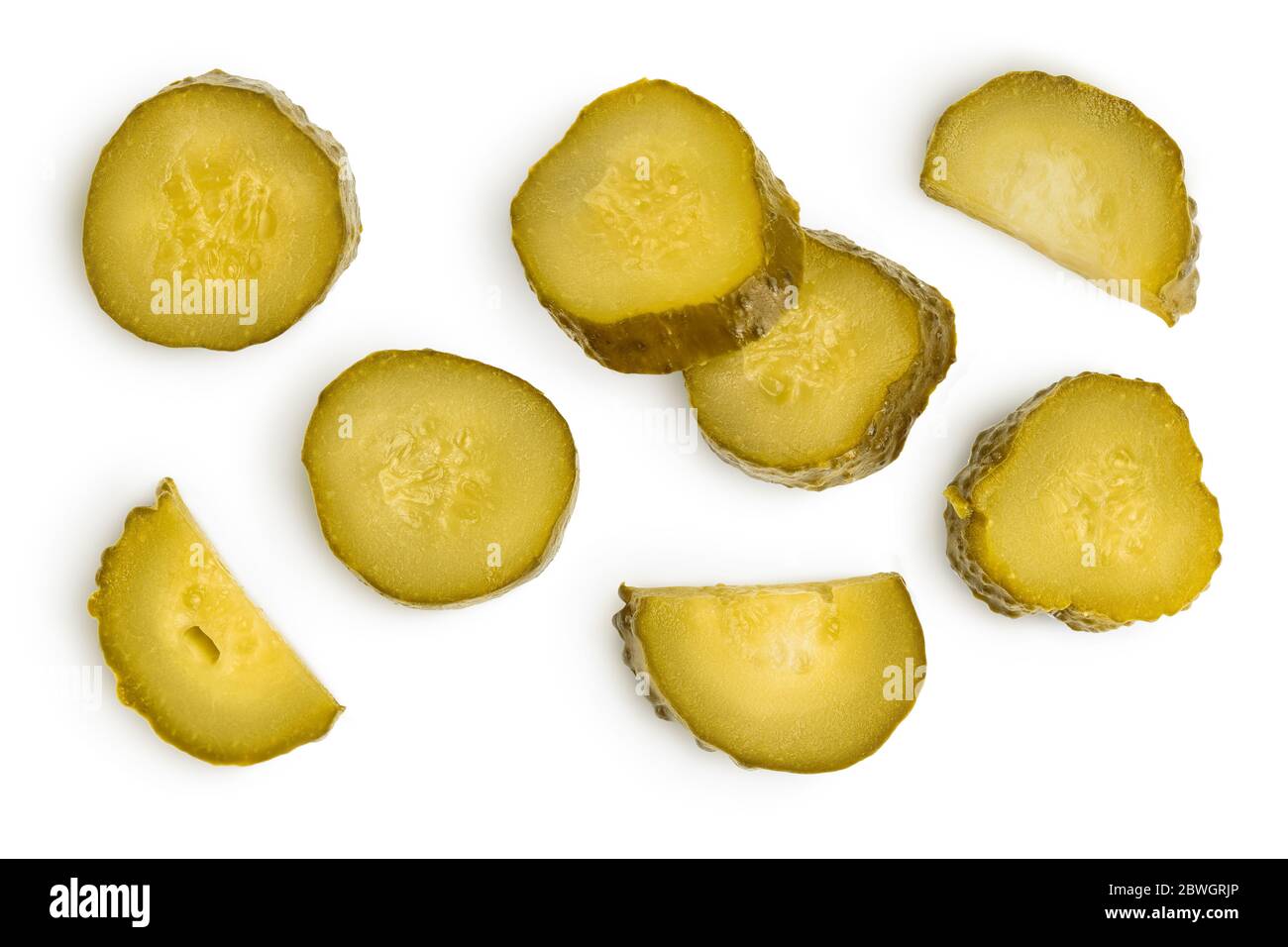 Marinated pickled cucumber slices isolated on white background with ...