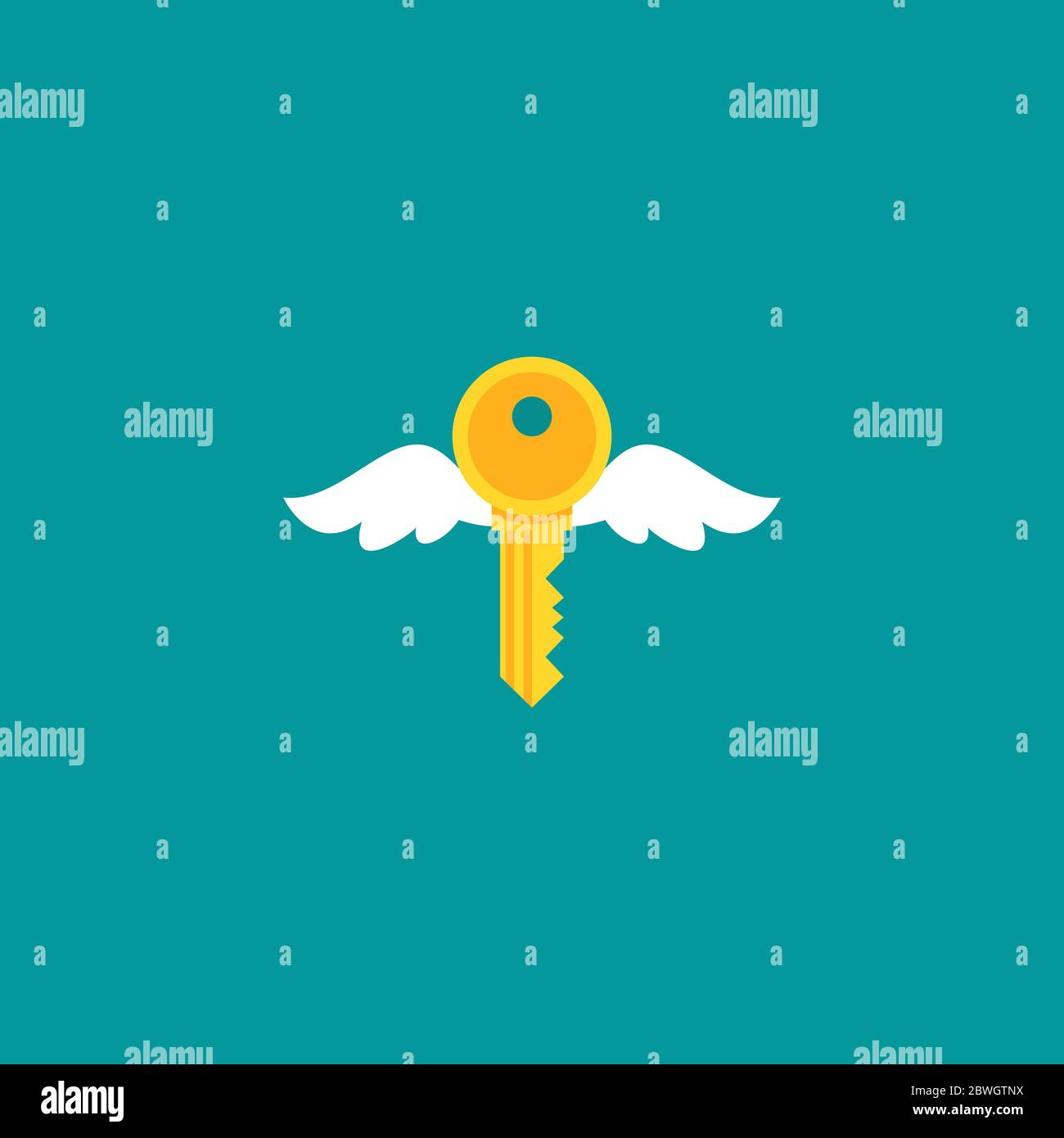 gold flying key with wings icon. Vector illustration isolated on blue ...