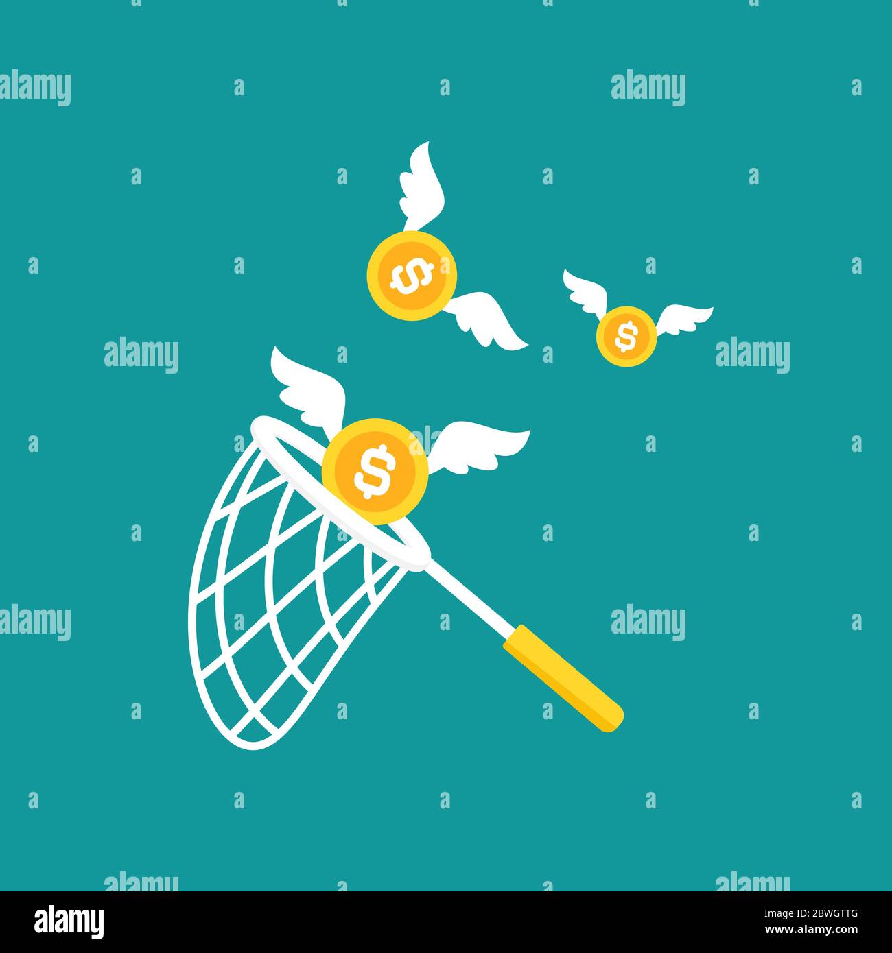 Butterfly net with flying golden coins. Catch, hunt, chase money symbol ...