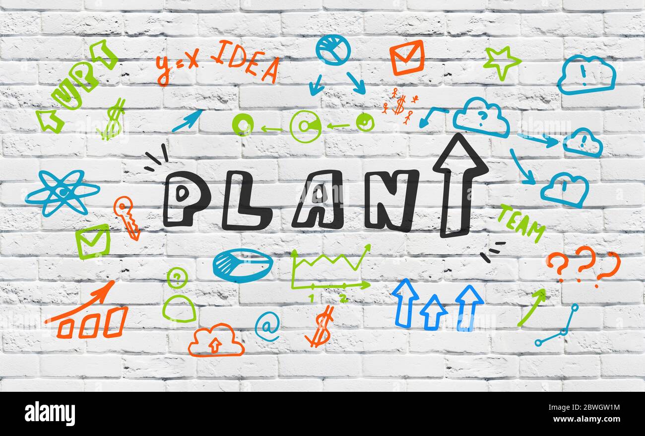 Plan written on gray background with drawings Stock Photo - Alamy