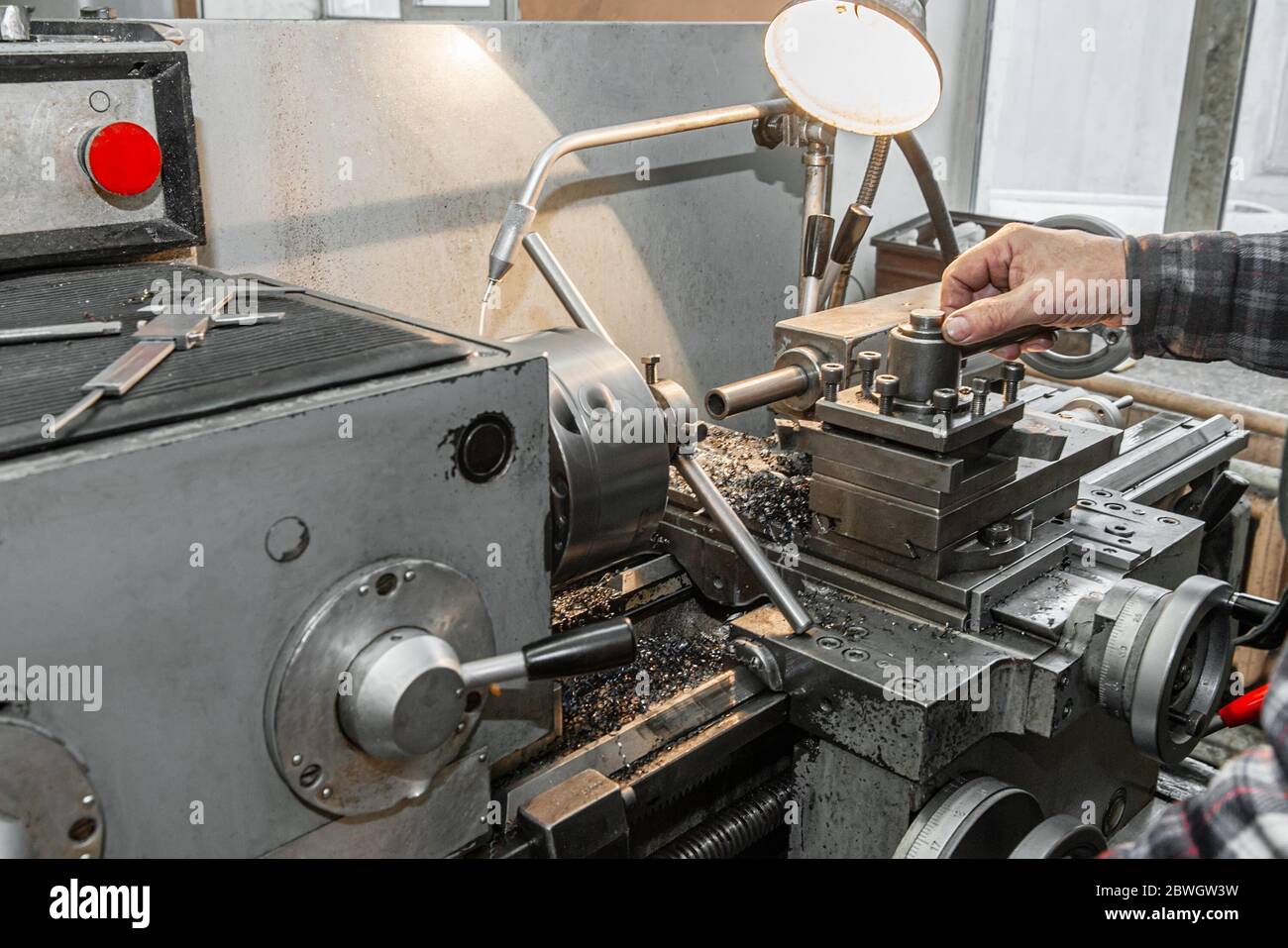 old Metalworking machine is working. Turning production. Using old ...