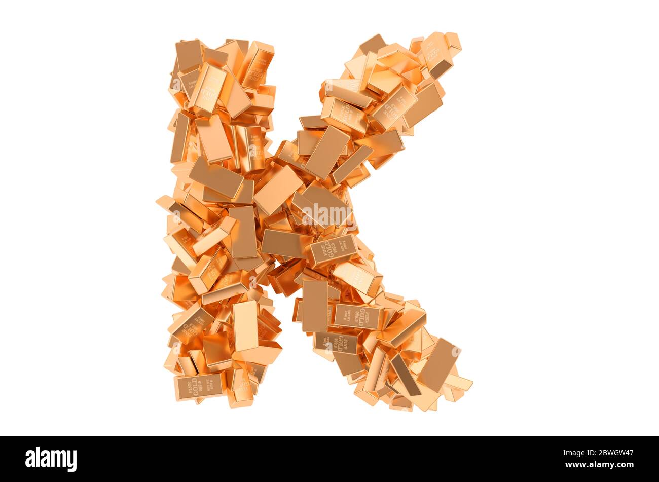 Letter K, from golden ingots. 3D rendering isolated on white background ...