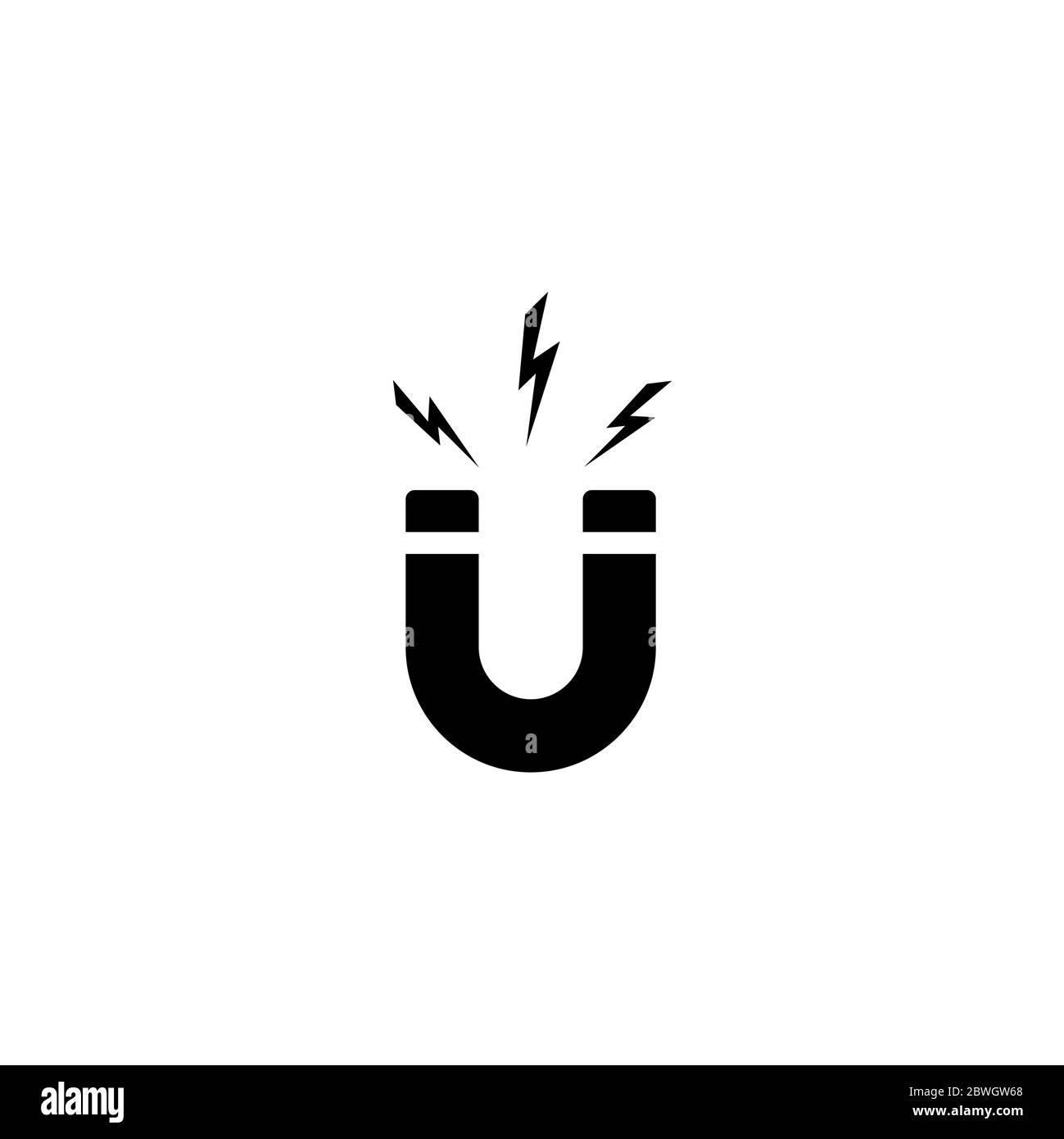 Black horseshoe magnet with magnetic power icon isolated on white. u ...