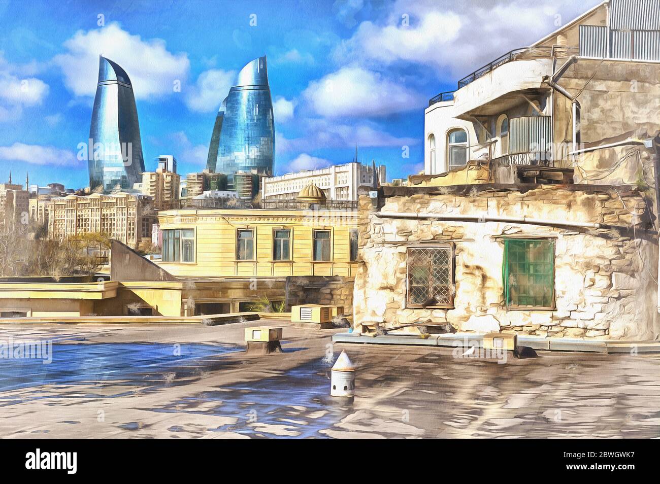 Colorful painting of Old City, Inner City, Baku, Azerbaijan Stock Photo ...