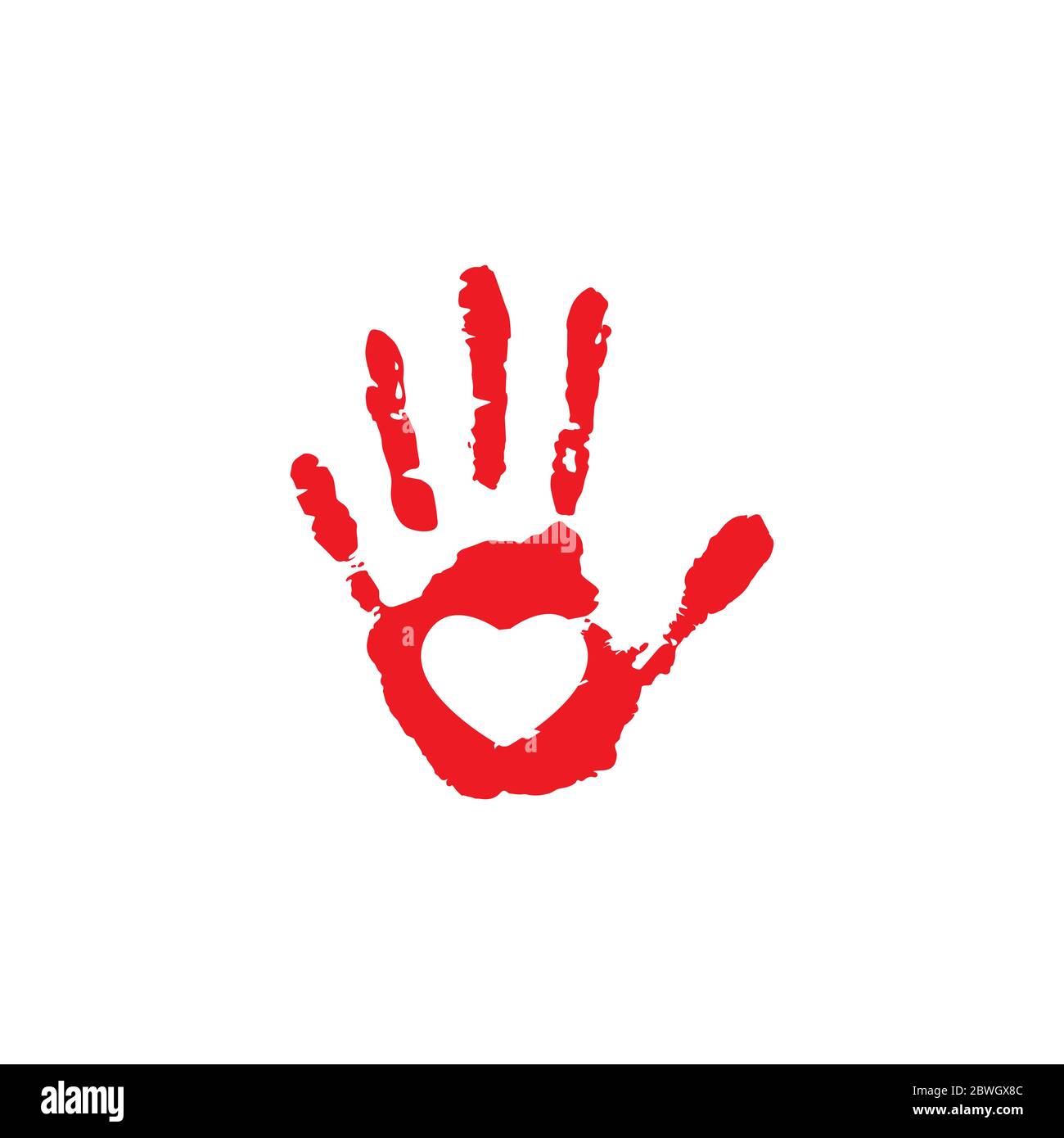 Human palm imprint. paint trace with heart in center isolated on white ...