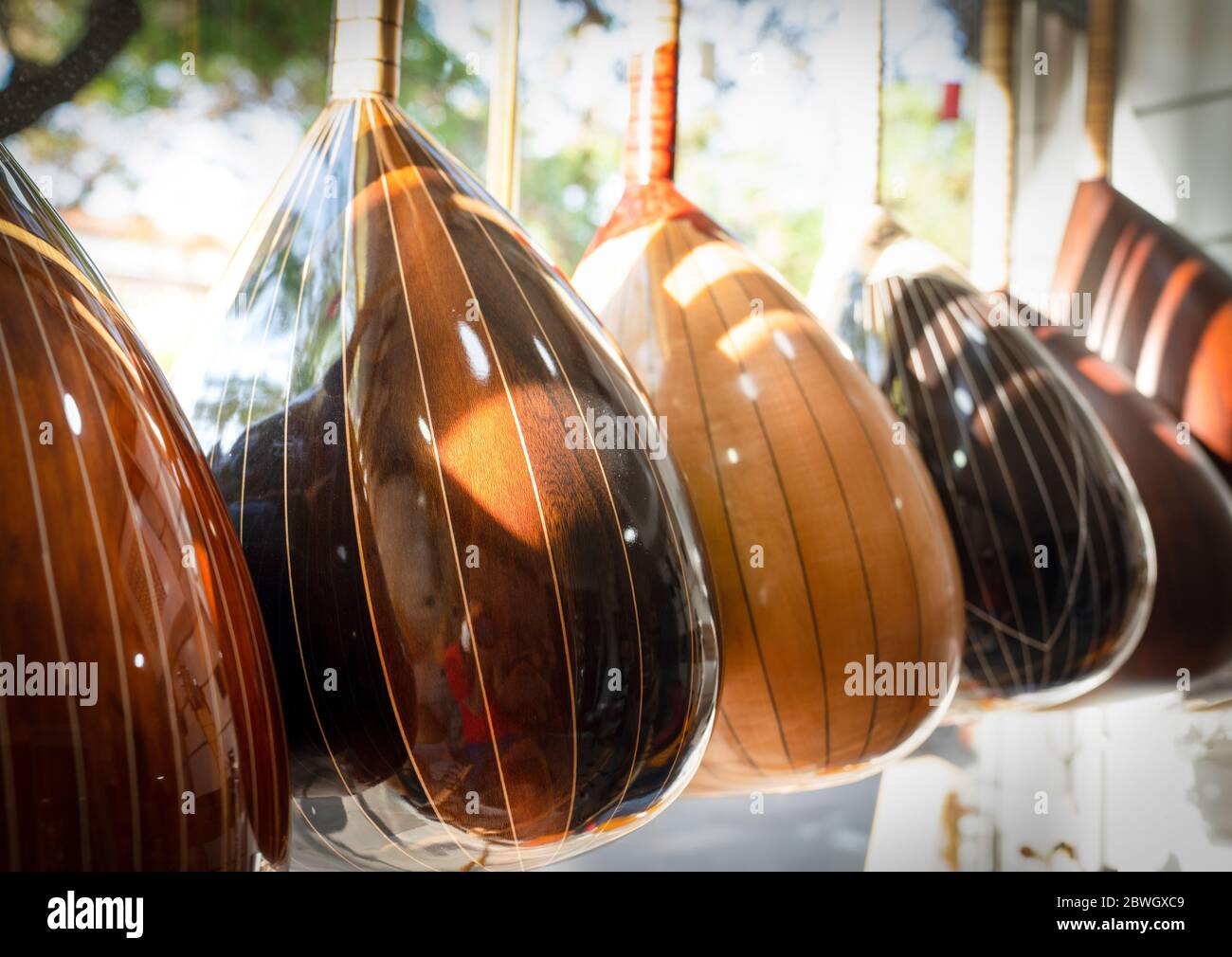 Inside view of a baglama shop. Baglama is a Turkish folk music ...