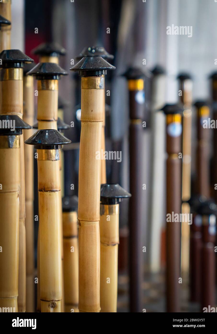 Selective focus of Turkish reed flutes in a music market. Turkish ...