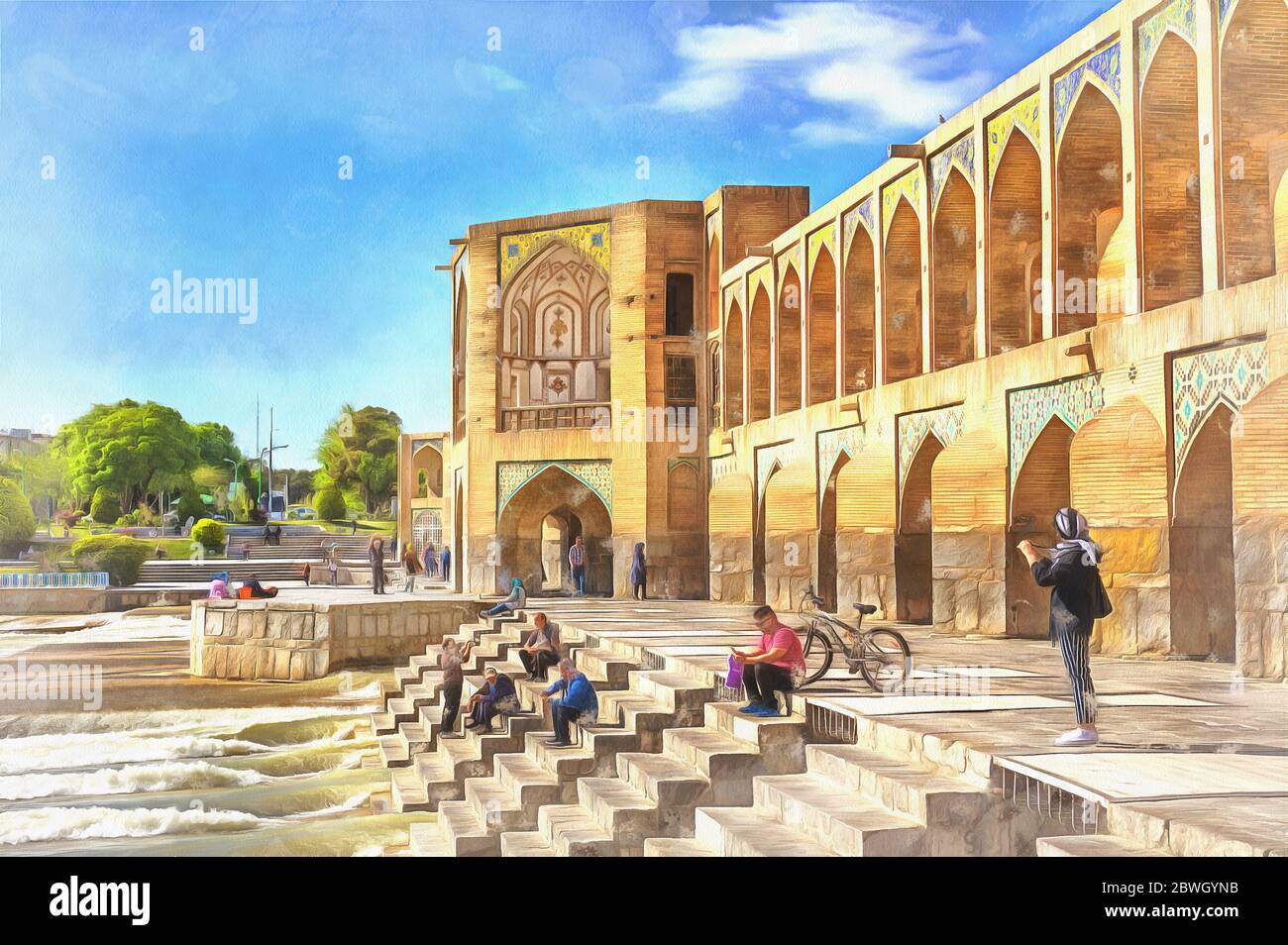 Khaju Bridge colorful painting, 17th century, Zayanderud river, Isfahan ...