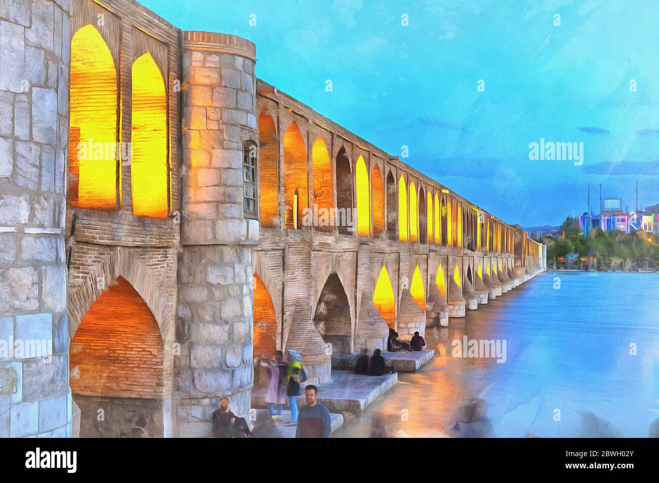 Allahverdi Khan Bridge at night colorful painting, Zayanderud river ...