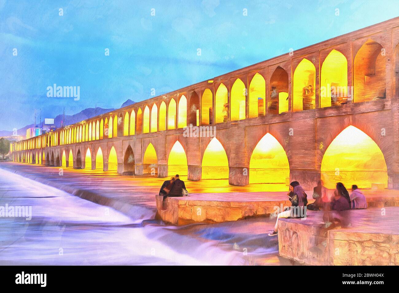 Allahverdi Khan Bridge at night colorful painting, Zayanderud river ...