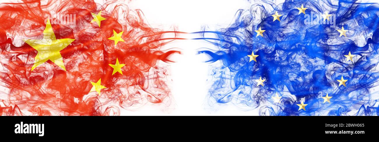 European and Chinese flags in smoke shape on white background. Business ...
