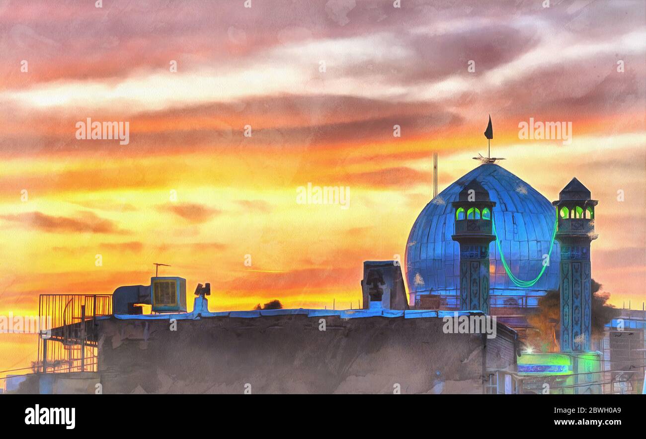 Mosque at sunset colorful painting, Ray, Rey, Ray County, Tehran ...