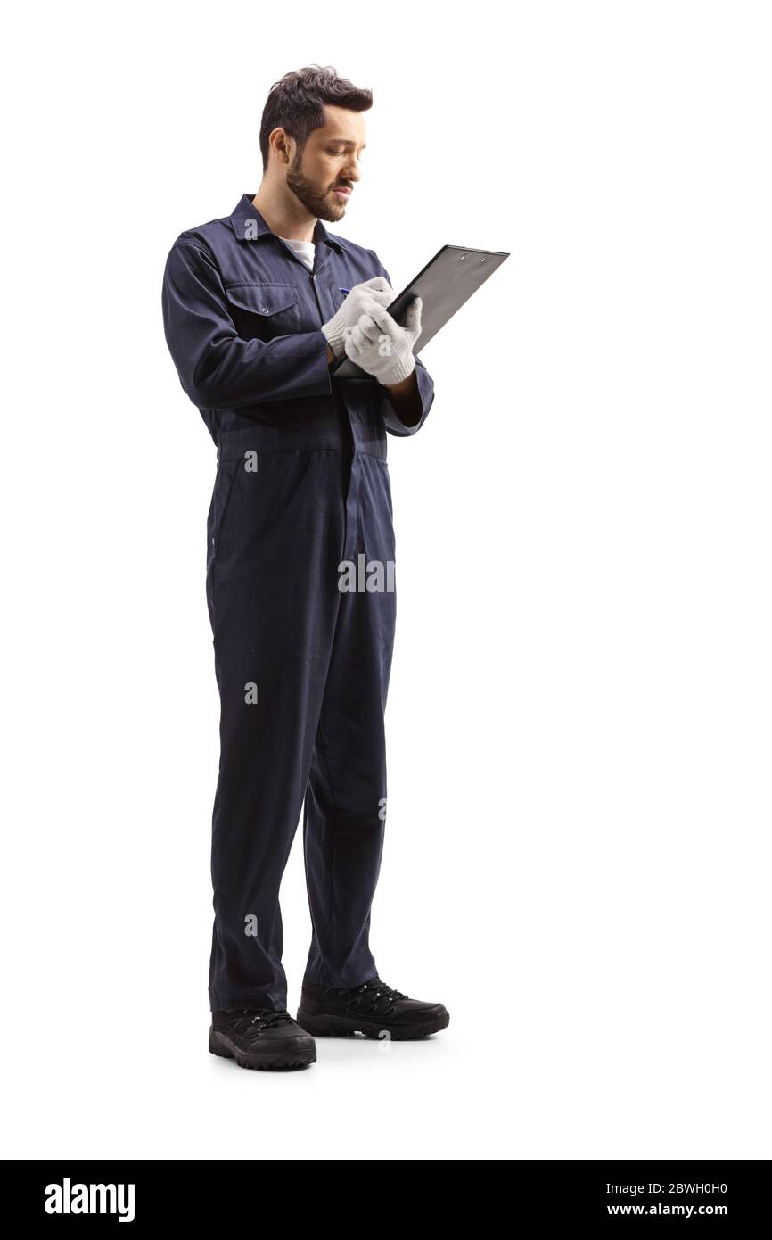 Full length shot of a male worker writing a document isolated on white ...